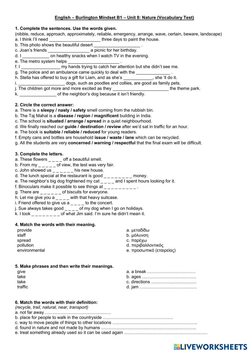 Unit 8 - vocabulary test worksheet | Live Worksheets