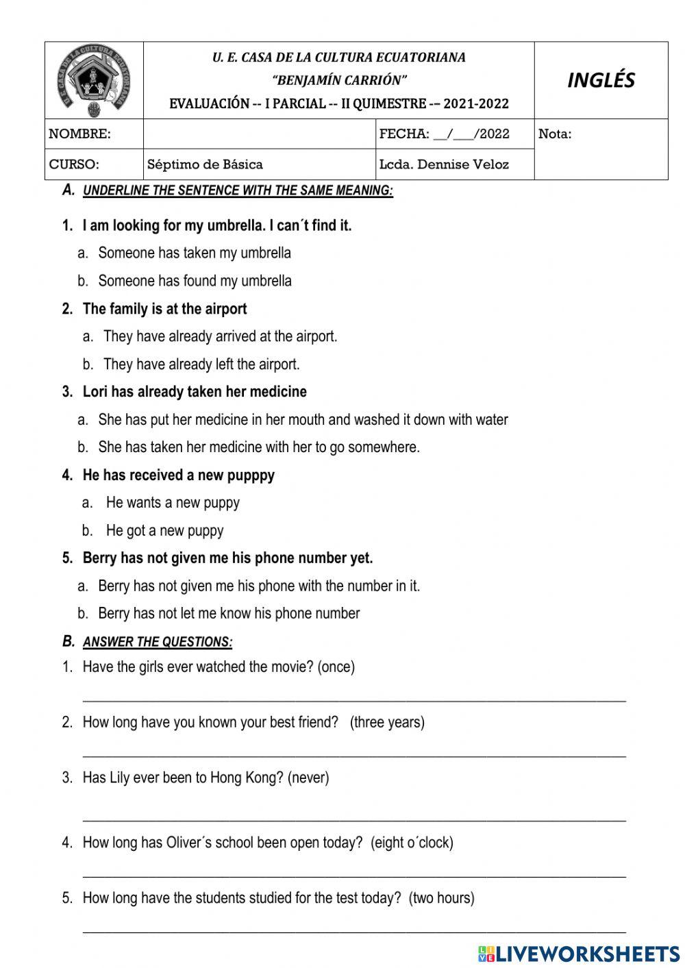Evaluation 7th basic worksheet | Live Worksheets