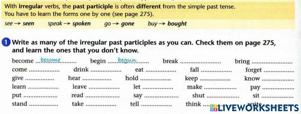 Irregular forms - Past Participle (3rd form) - Fill in Exercise online ...