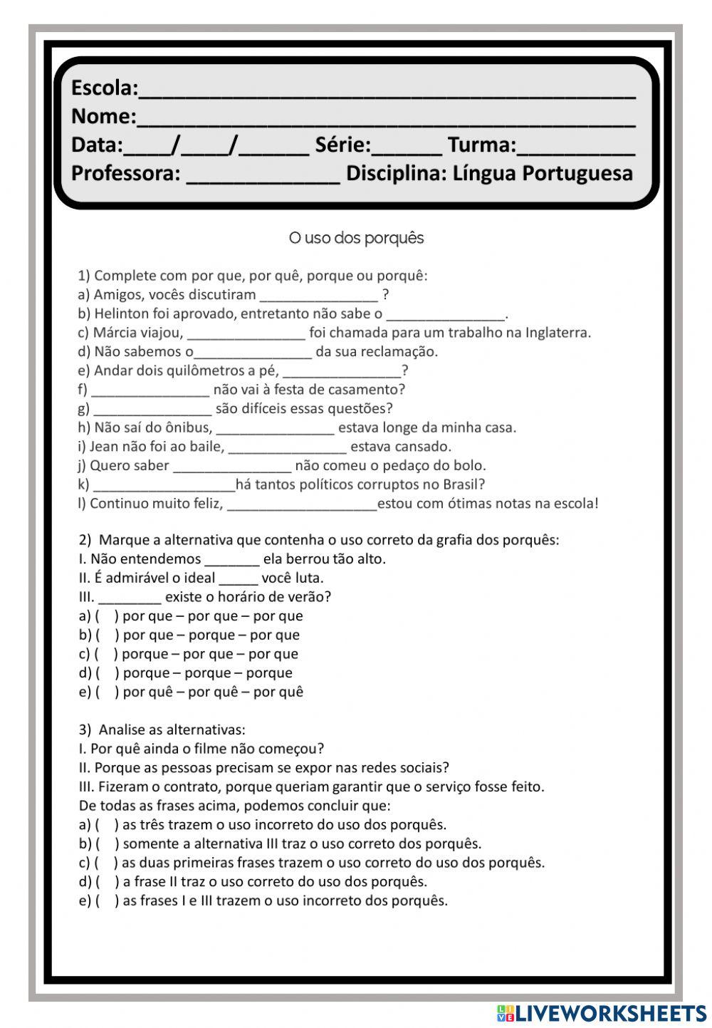Uso dos Porquês online exercise for 8º e 9º Anos | Live Worksheets
