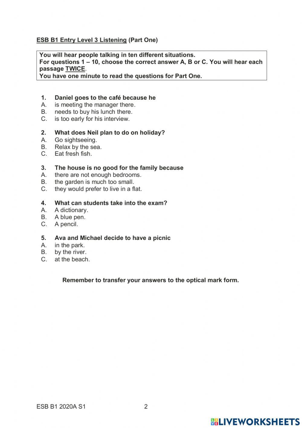 ESB B1 2020A LISTENING worksheet | Live Worksheets