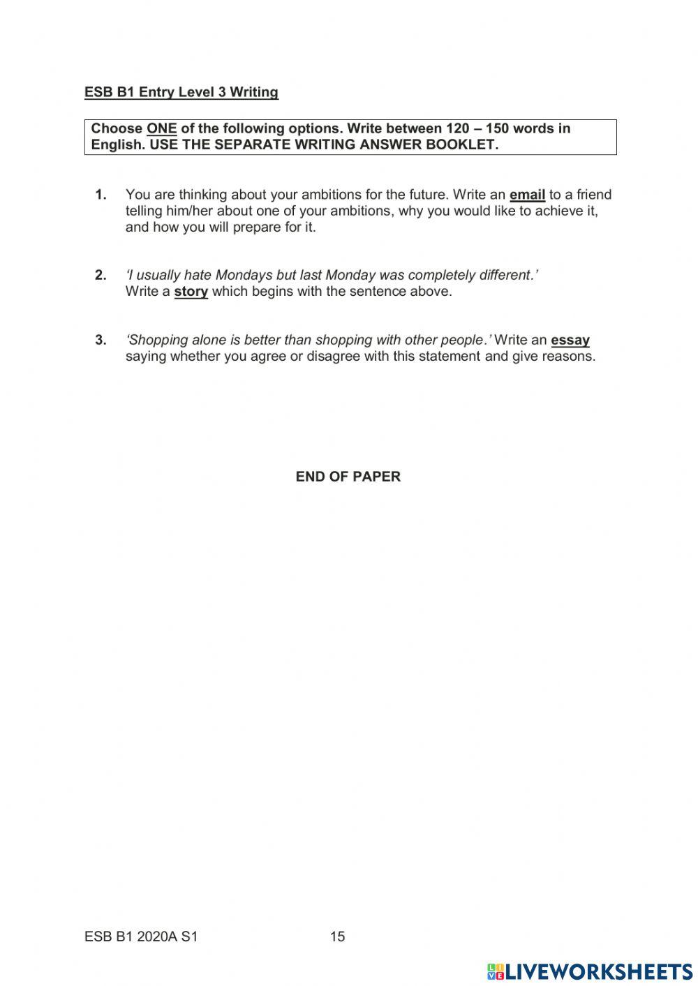 ESB B1 2020A WRITING worksheet | Live Worksheets