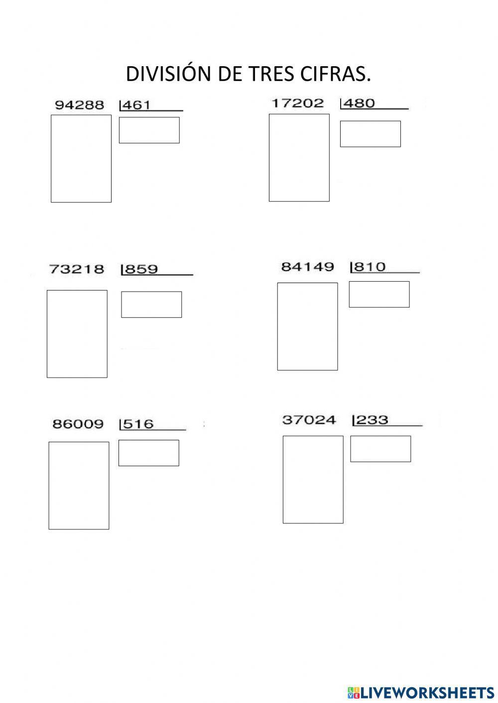 División de tres cifras | LiveWorksheets | 1988161