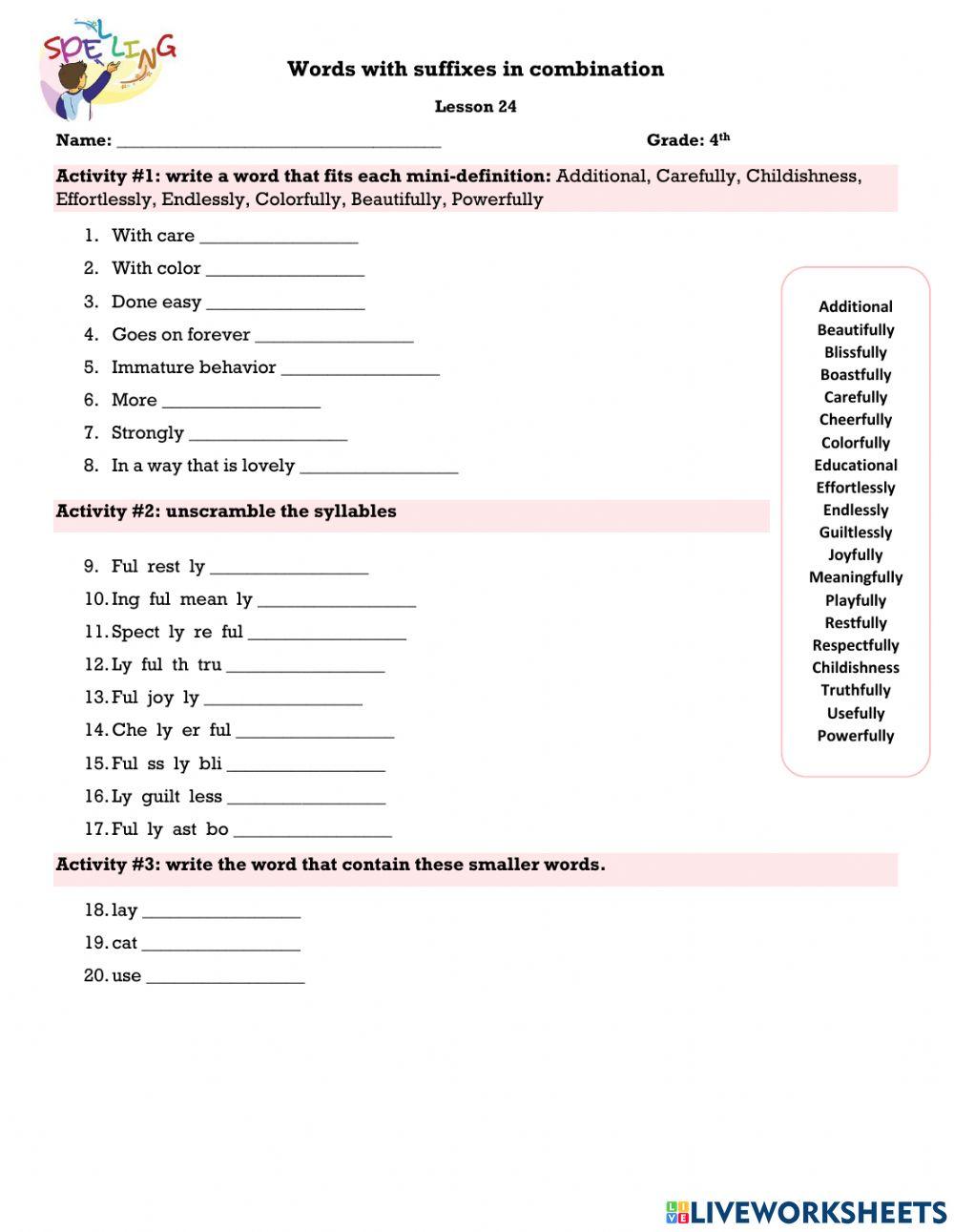 Words with suff… | Free Interactive Worksheets | 1988285