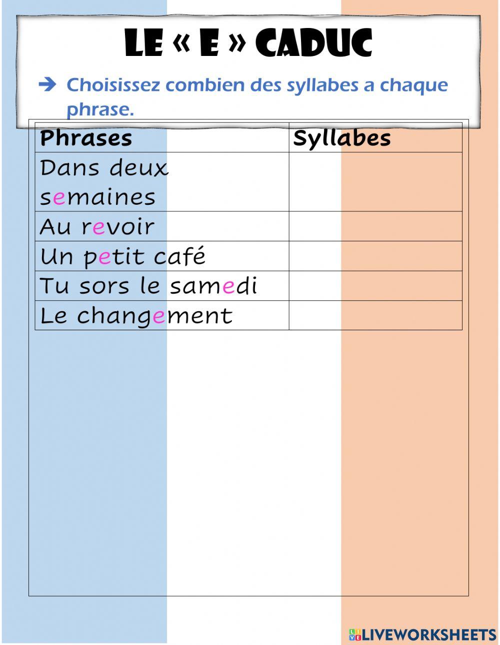 Le e caduc | Free Interactive Worksheets | 1976181
