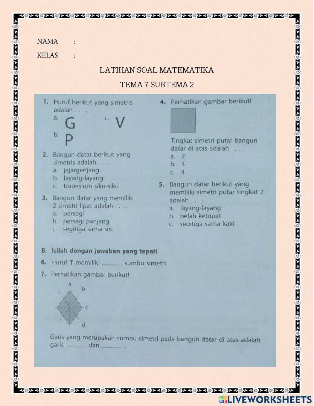 Latihan mtk tema 7 st 2 worksheet | Live Worksheets