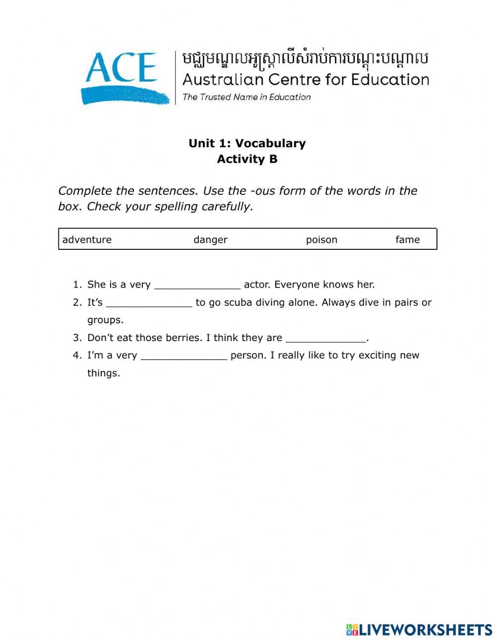 YL6 - Unit 1 - Vocab B worksheet | Live Worksheets