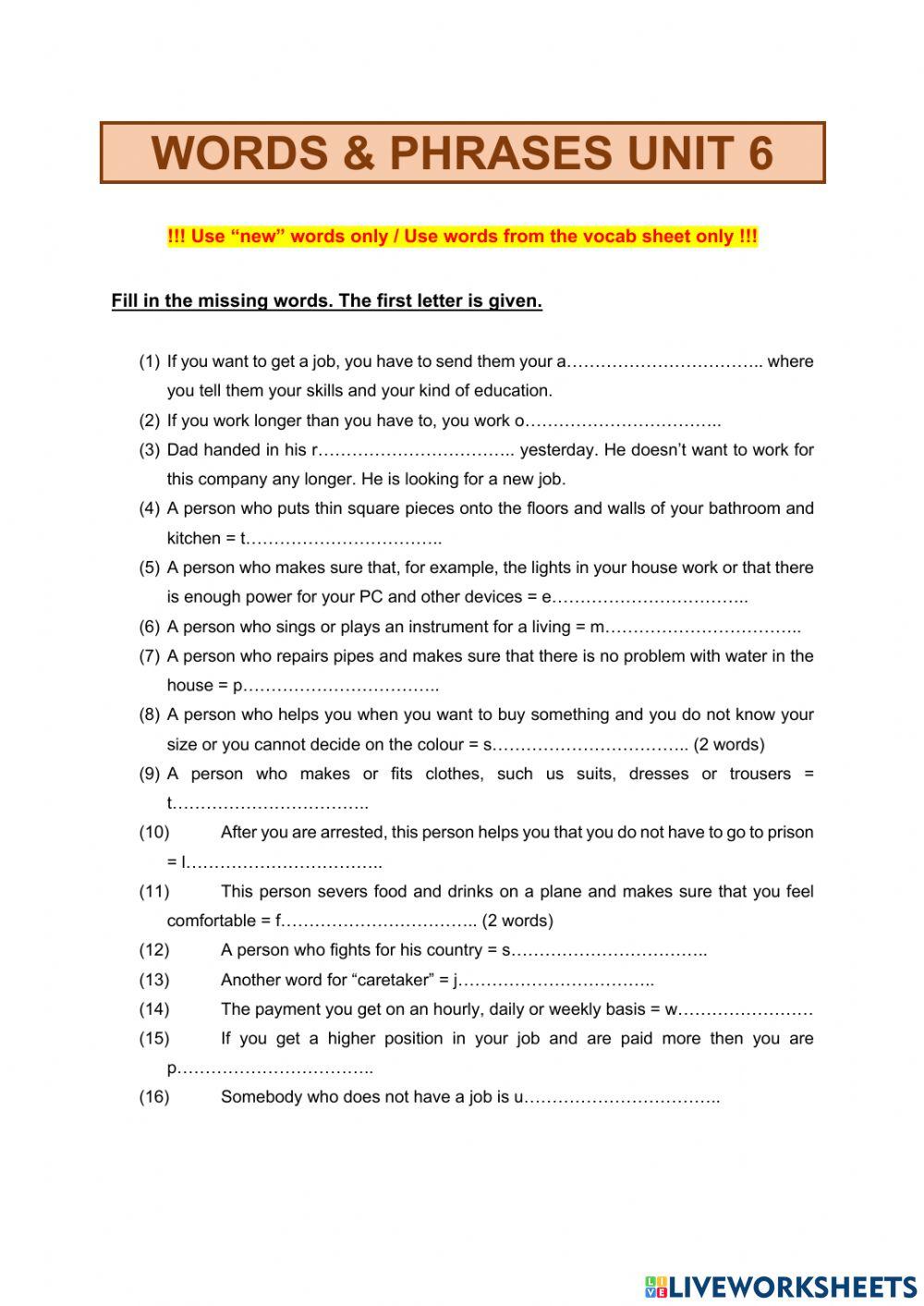 Vocab-unit6 worksheet | Live Worksheets