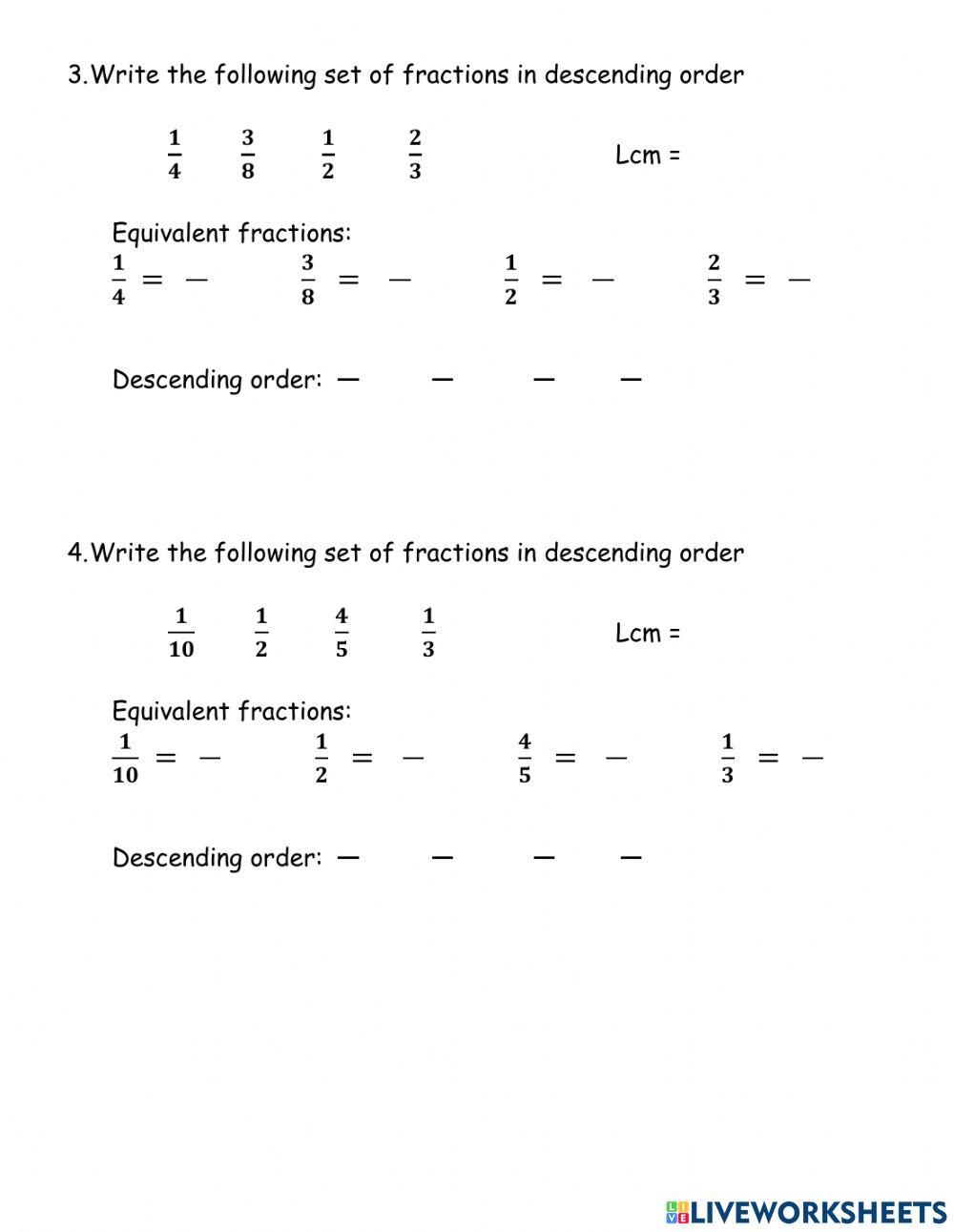 Ordering fracti… | Free Interactive Worksheets | 1989671
