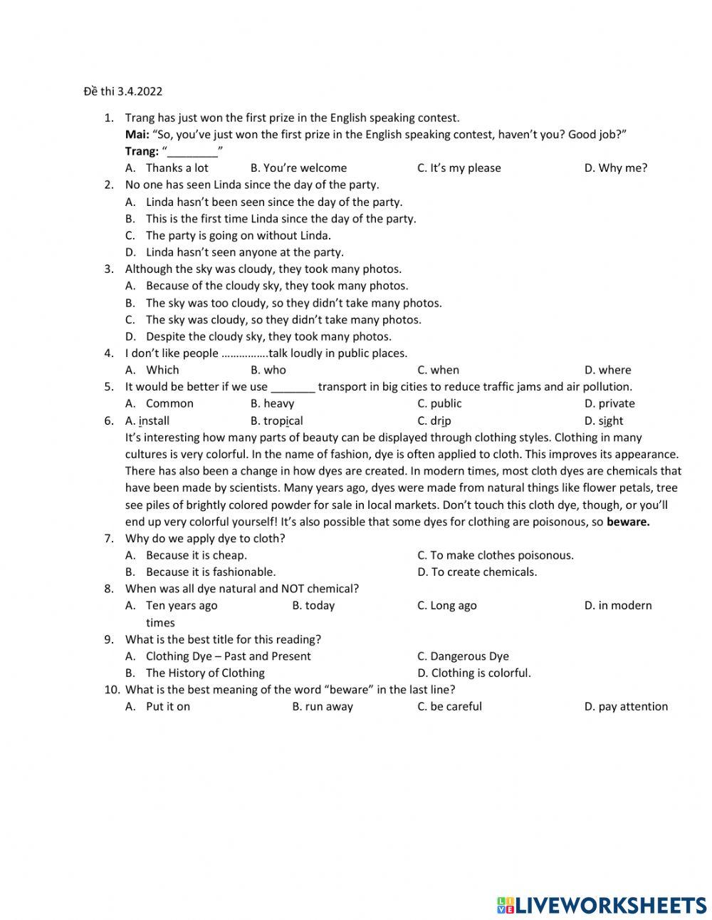 grade 8 06042022 online exercise for | Live Worksheets