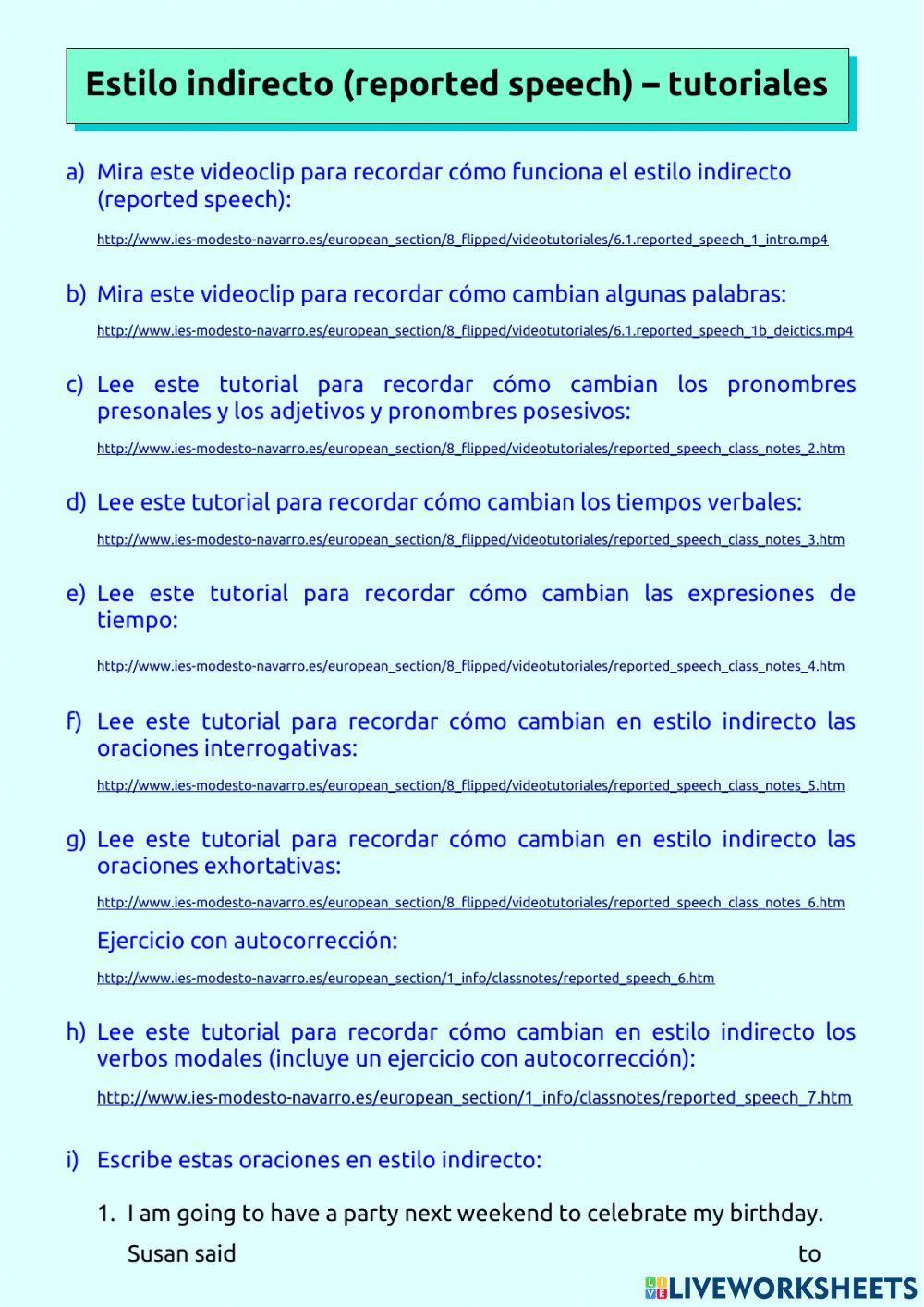 Estilo indirecto - tutoriales worksheet | Live Worksheets