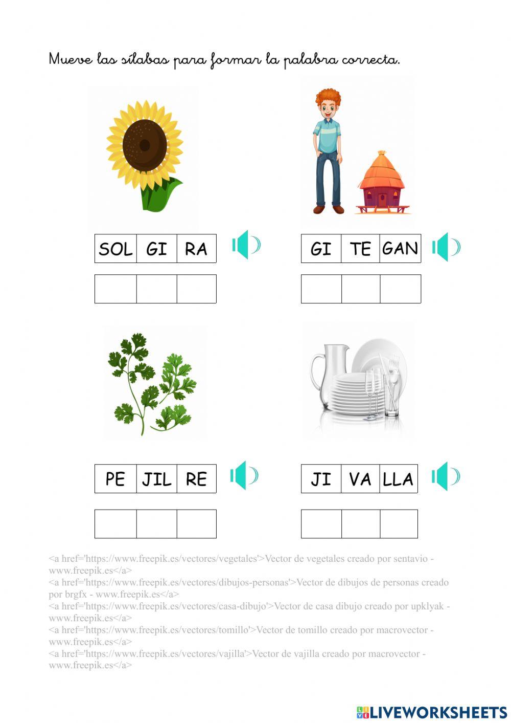 Palabras con gi y ji por sílabas worksheet | Live Worksheets