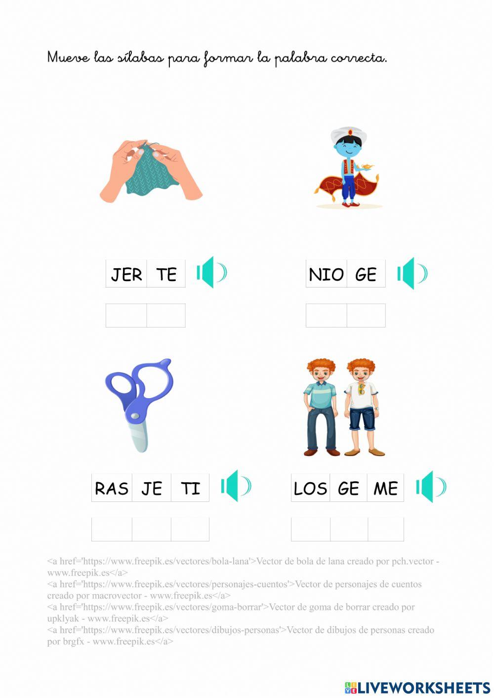 Palabras con je y ge por sílabas worksheet | Live Worksheets