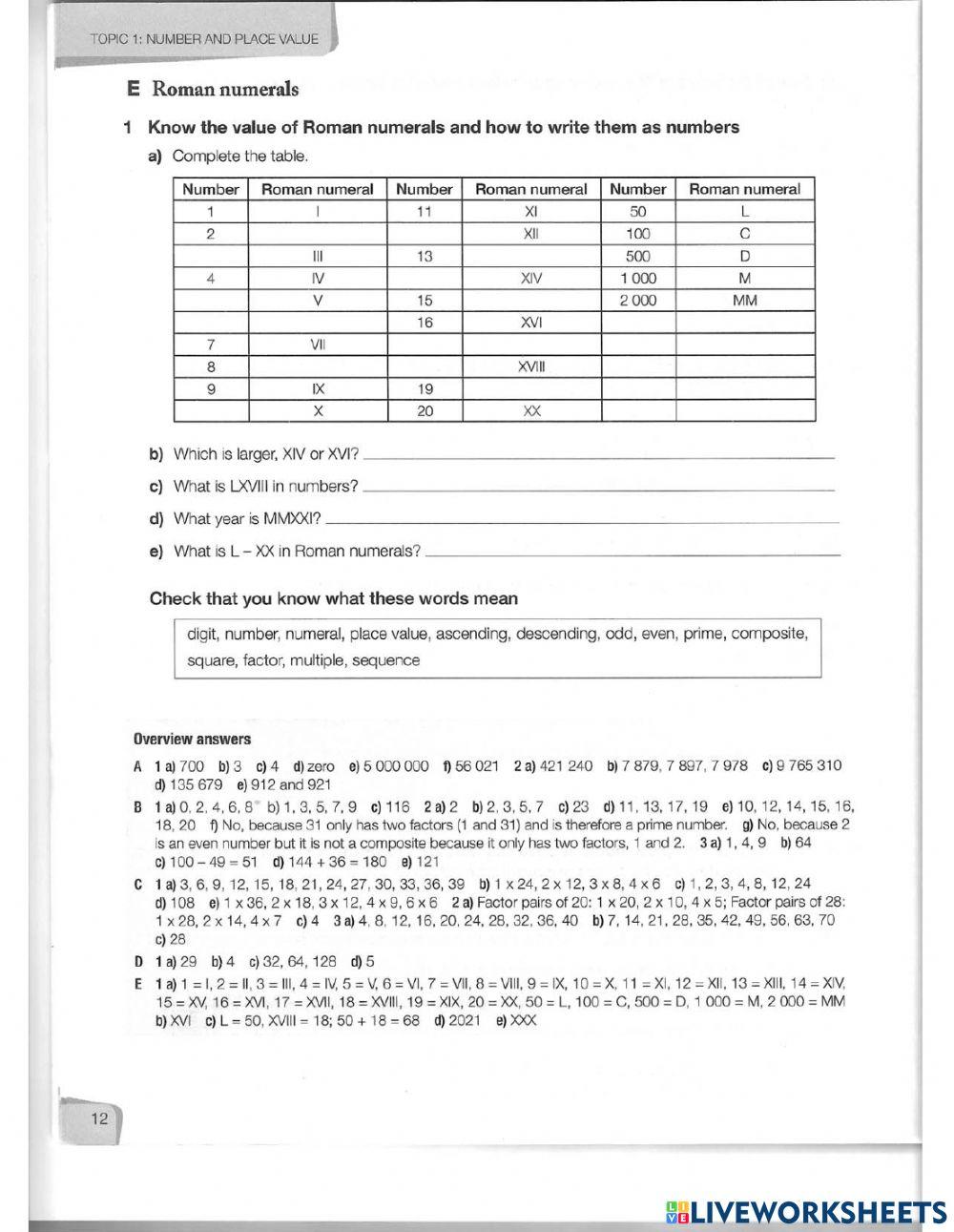 Number and Place Value Revision worksheet | Live Worksheets