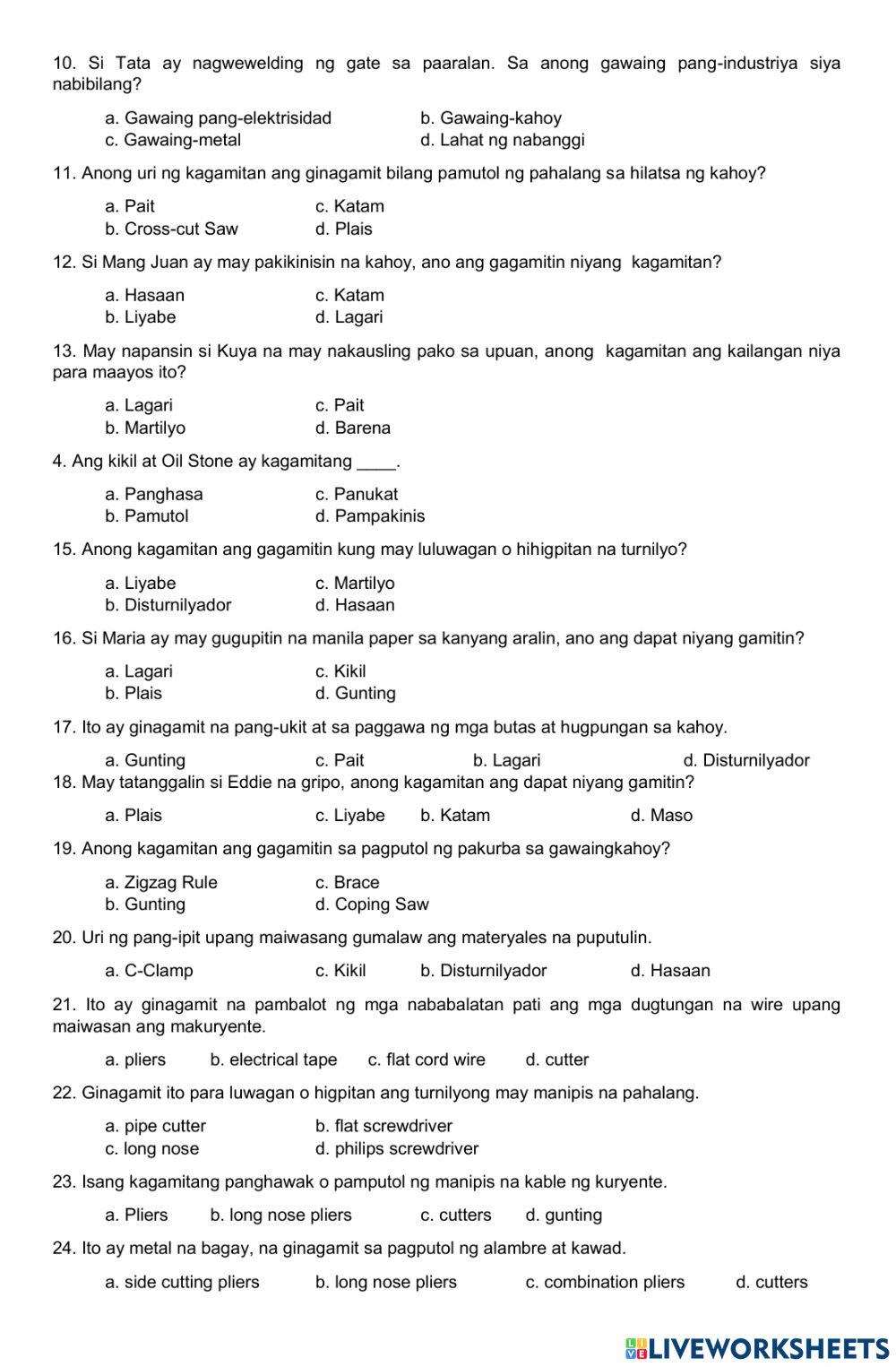 4th Quarterly Learning Check in EPP 5 online exercise for | Live Worksheets