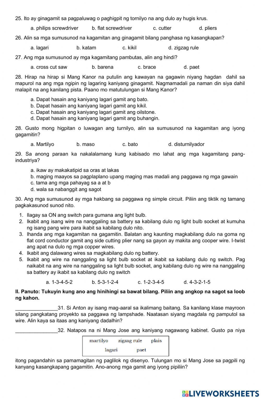 4th Quarterly Learning Check in EPP 5 online exercise for | Live Worksheets