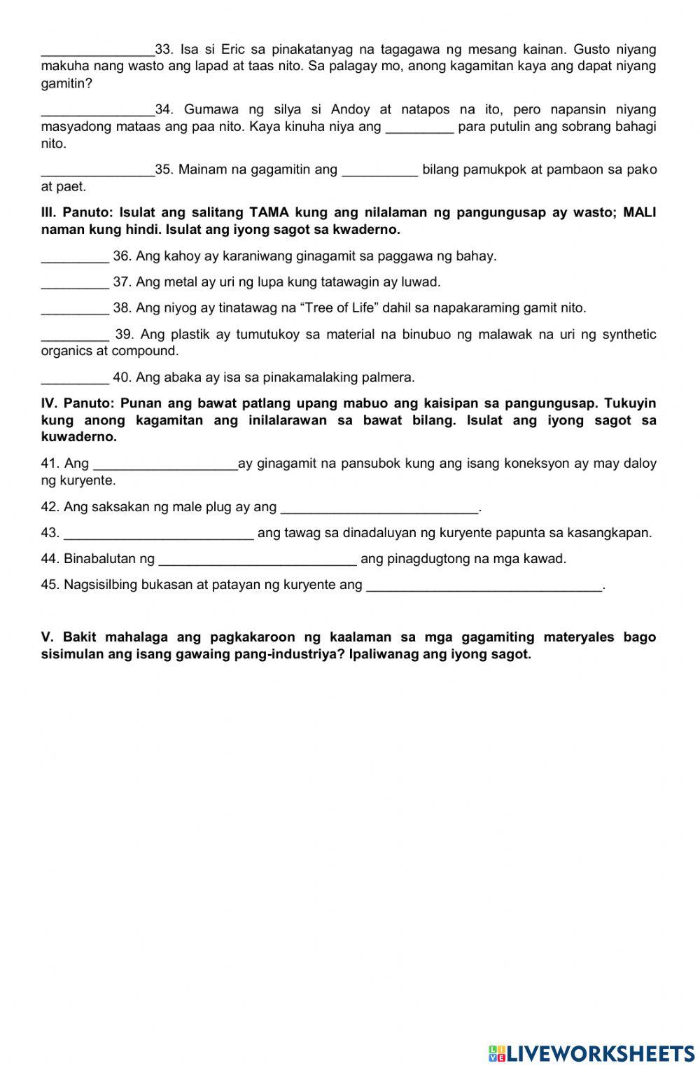 4th Quarterly Learning Check in EPP 5 online exercise for | Live Worksheets