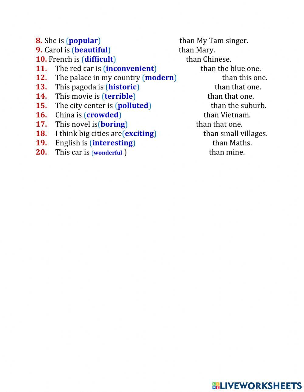 Grammar : comparison worksheet | Live Worksheets