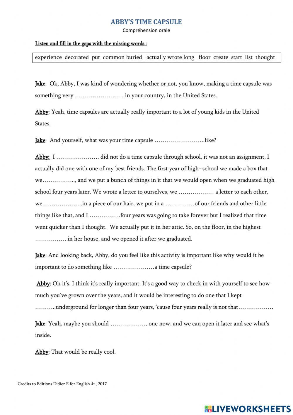 Time capsule | Free Interactive Worksheets | 2018315