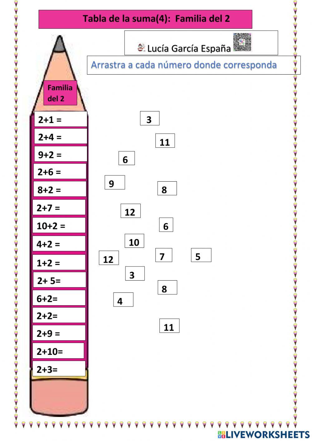 Tabla de la suma. Familia del 2 worksheet | Live Worksheets
