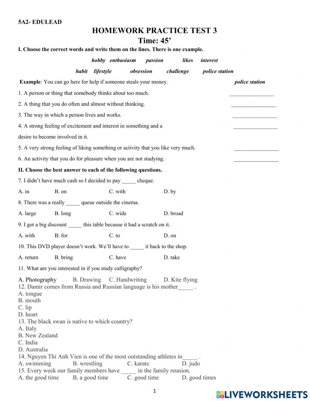 HW PRACTICE 3 online exercise for | Live Worksheets