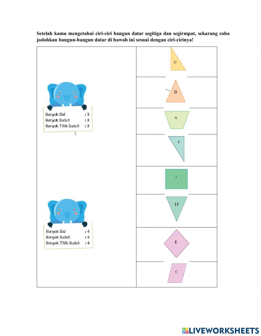 Soal ciri bangun segi tiga dan segi empat worksheet | Live Worksheets
