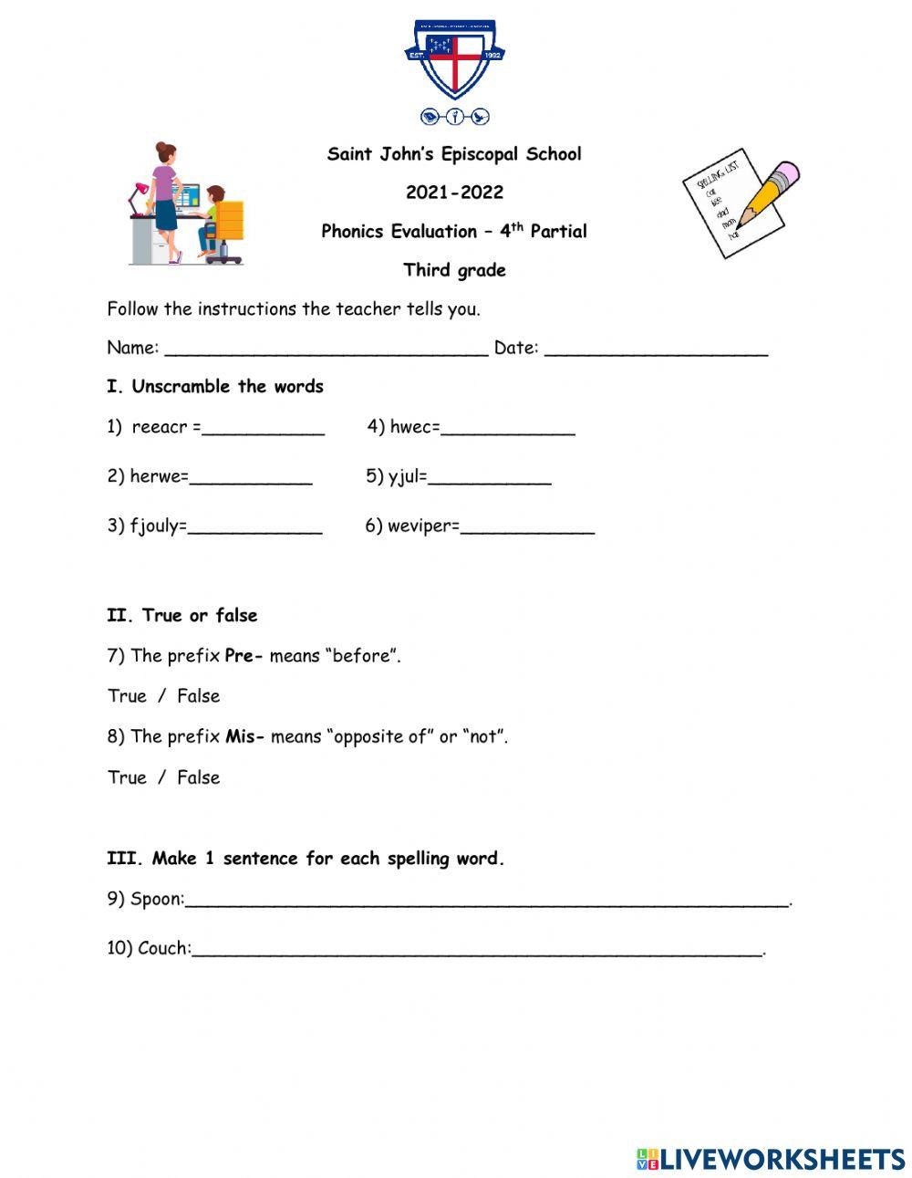 Phonics 4th partial evaluation - 3rd grade online exercise for | Live Worksheets