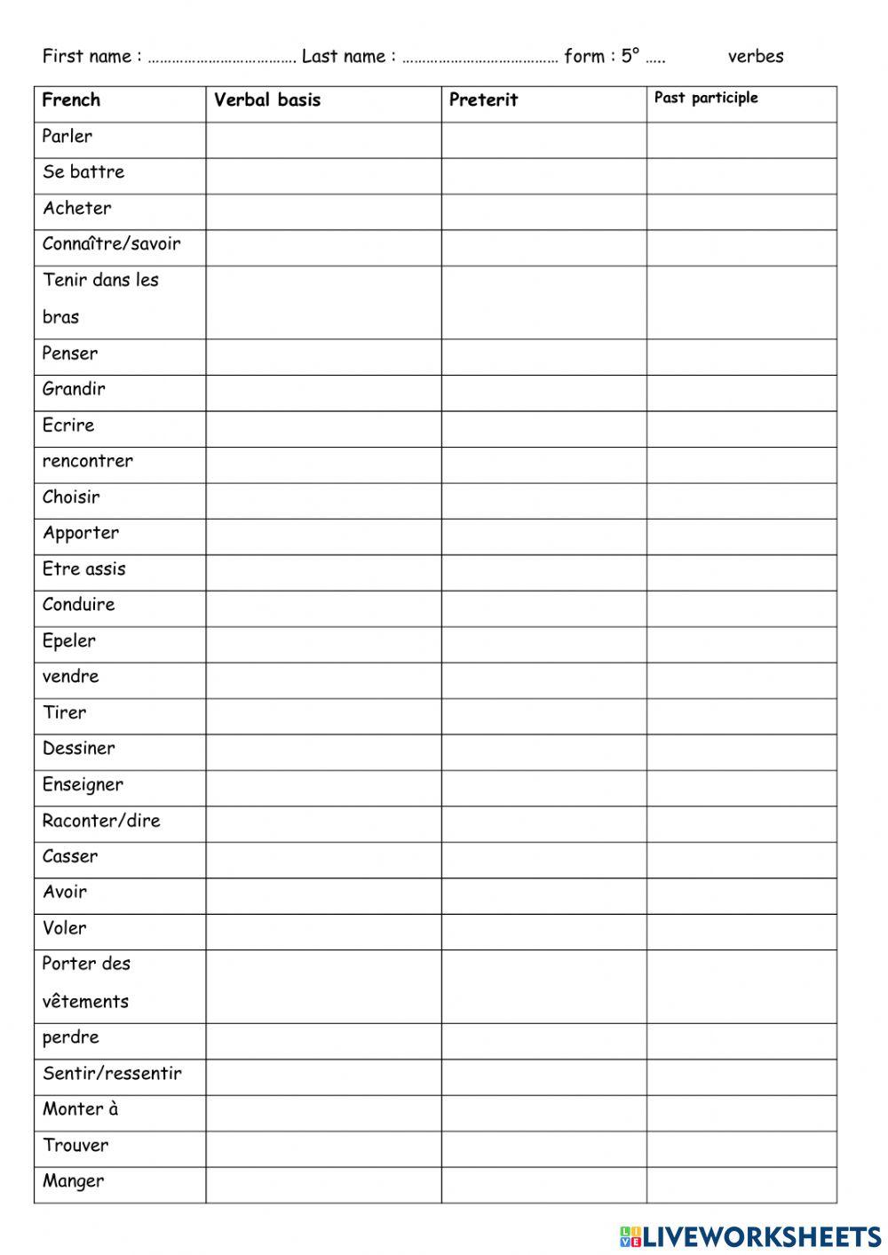 Verbes 6- A worksheet | Live Worksheets