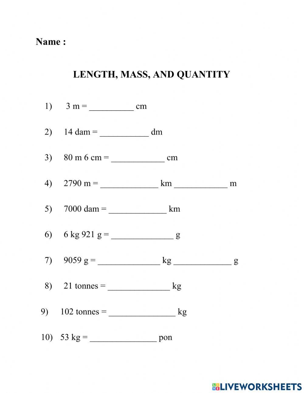 MASS, LENGTH, a… | Free Interactive Worksheets | 2028958