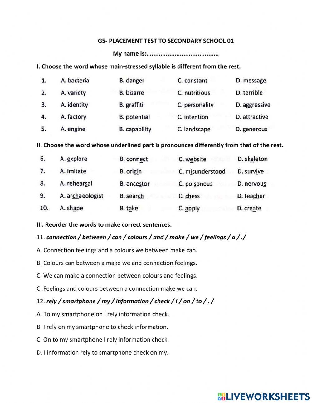 G5. PLACEMENT TEST TO SECONDARY SCHOOL 01.3 3982904