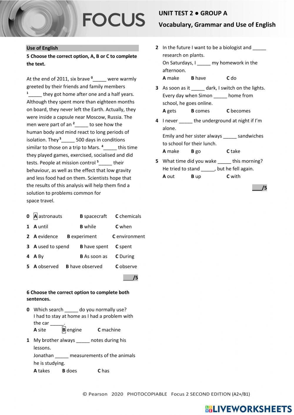 Focus 2 2ed Unit 2 test A 6872070 | Larysa Hulko | Live