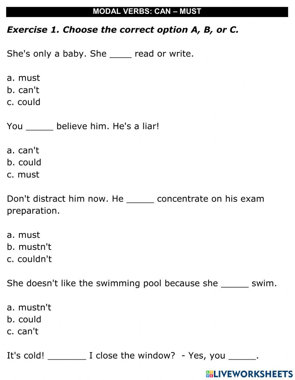 Modal verbs CAN - MUST worksheet | Live Worksheets