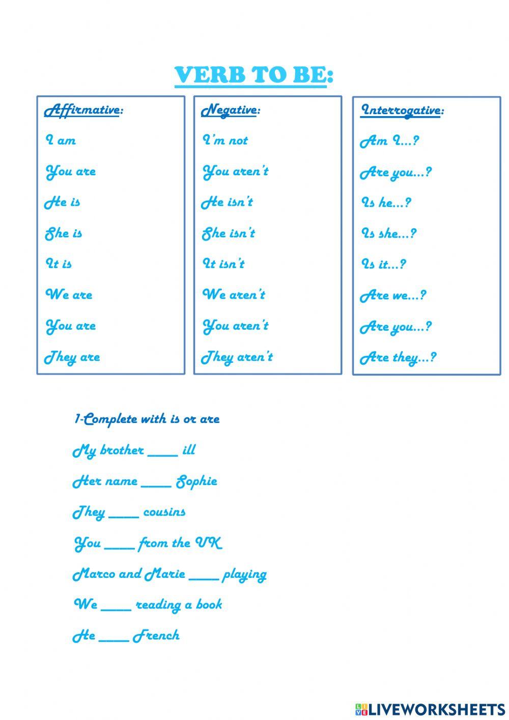 VERB TO BE online exercise for Grade 6 | Live Worksheets