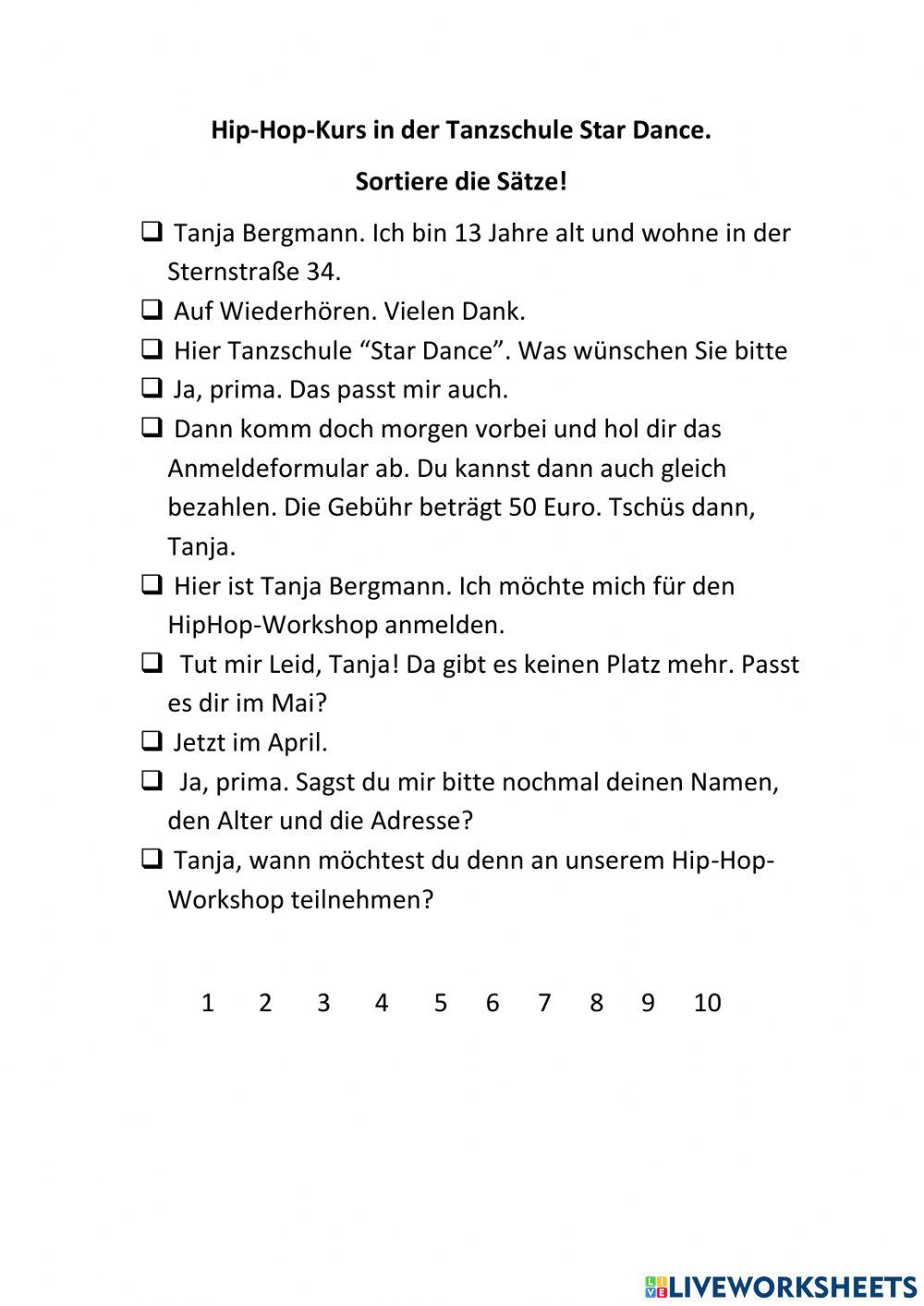 Hip-Hop-Kurs in der Tanzschule -Star Dance- interactive worksheet ...