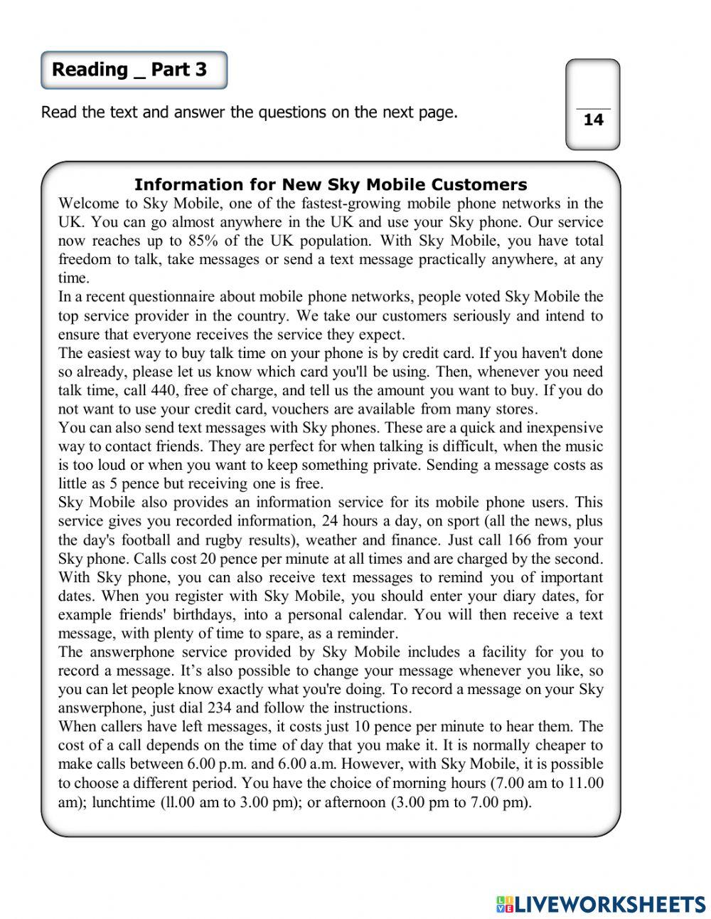 Reading online exercise for G9 | Live Worksheets