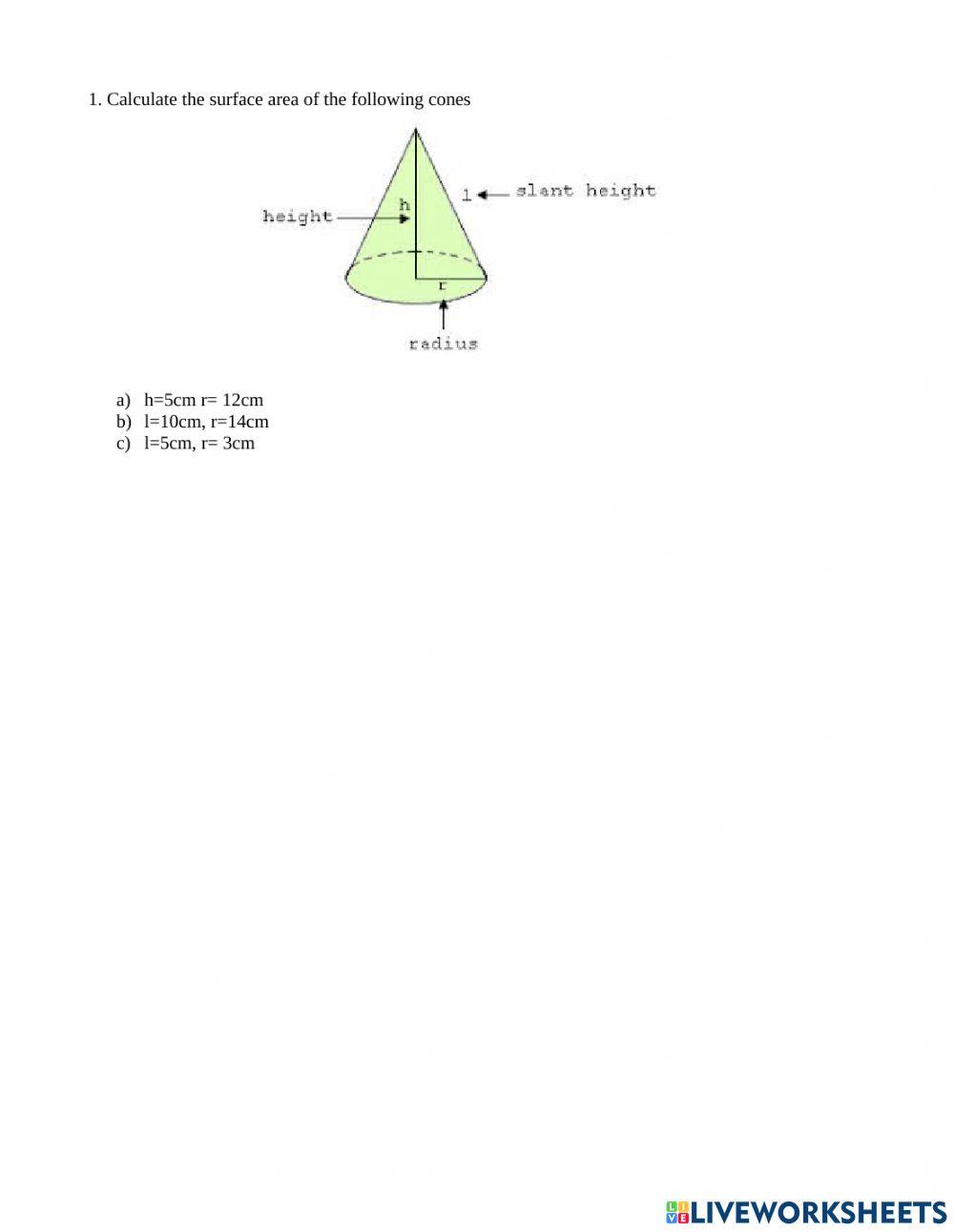 cone surface area worksheet