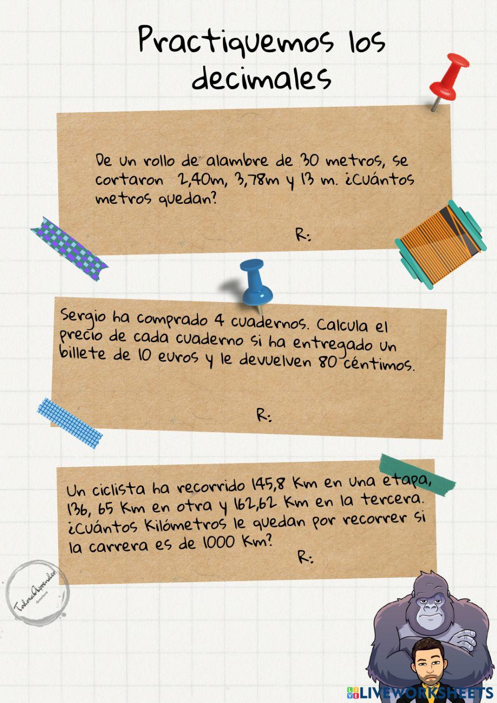 Operaciones y problemas con decimales worksheet | Live Worksheets
