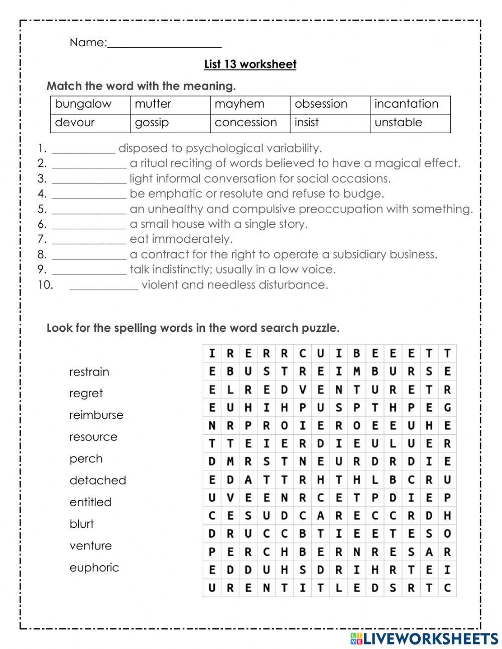 List 13 worksheet worksheet | Live Worksheets