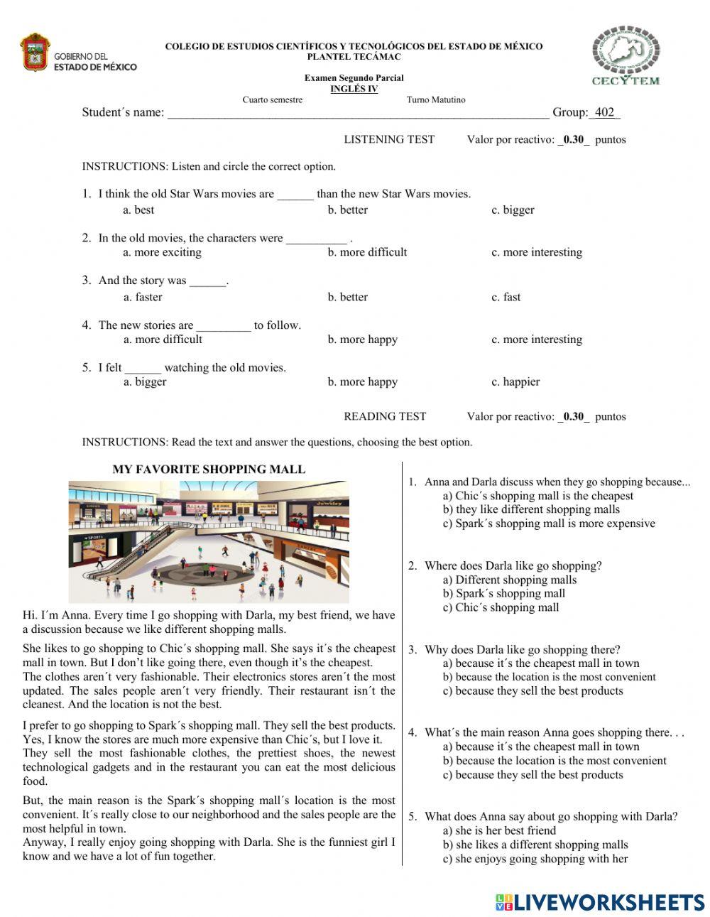 2do parcial Listening - Reading online exercise for | Live Worksheets