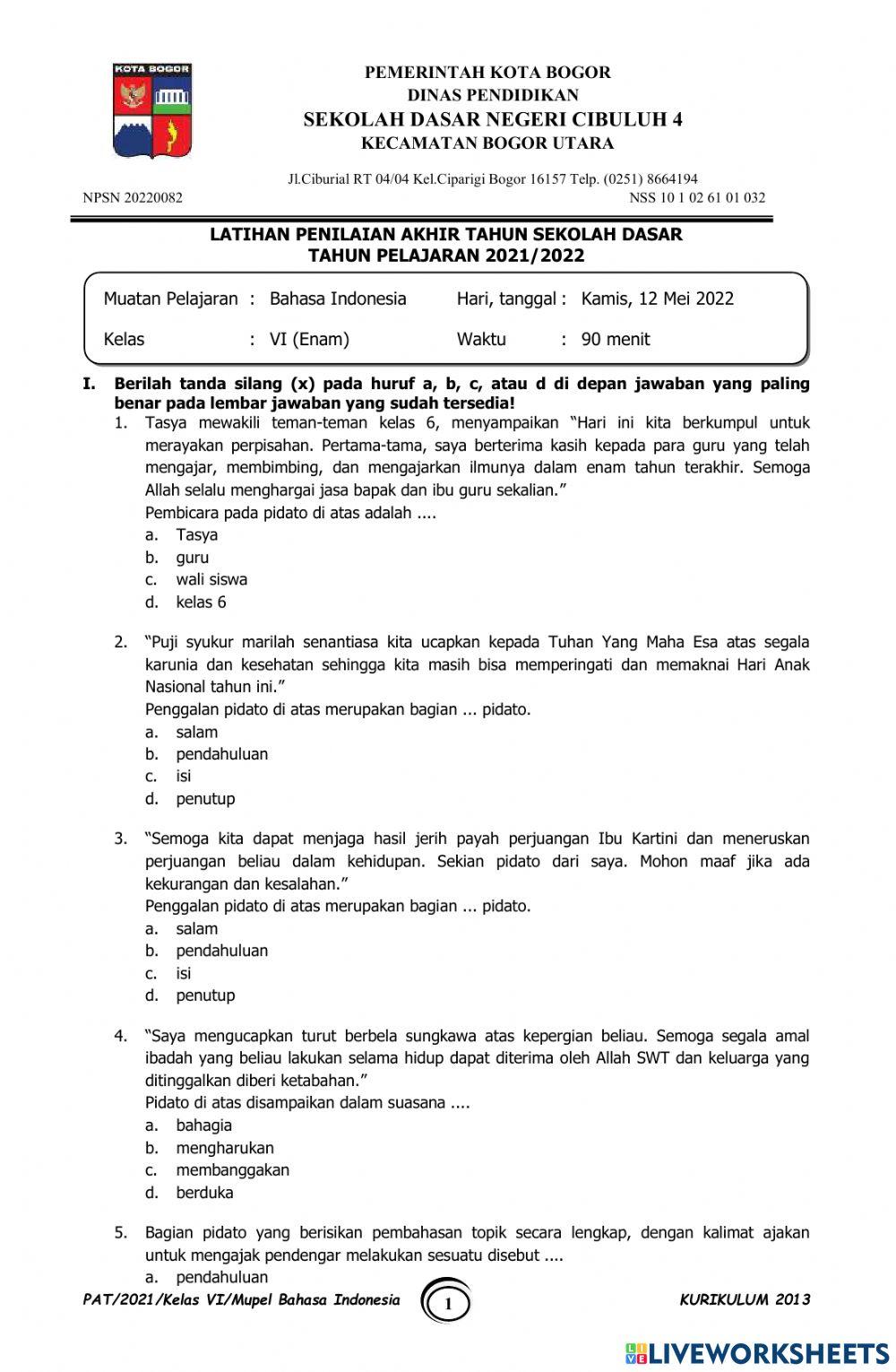 Latihan PAT Bahasa Indonesia interactive worksheet | Live Worksheets