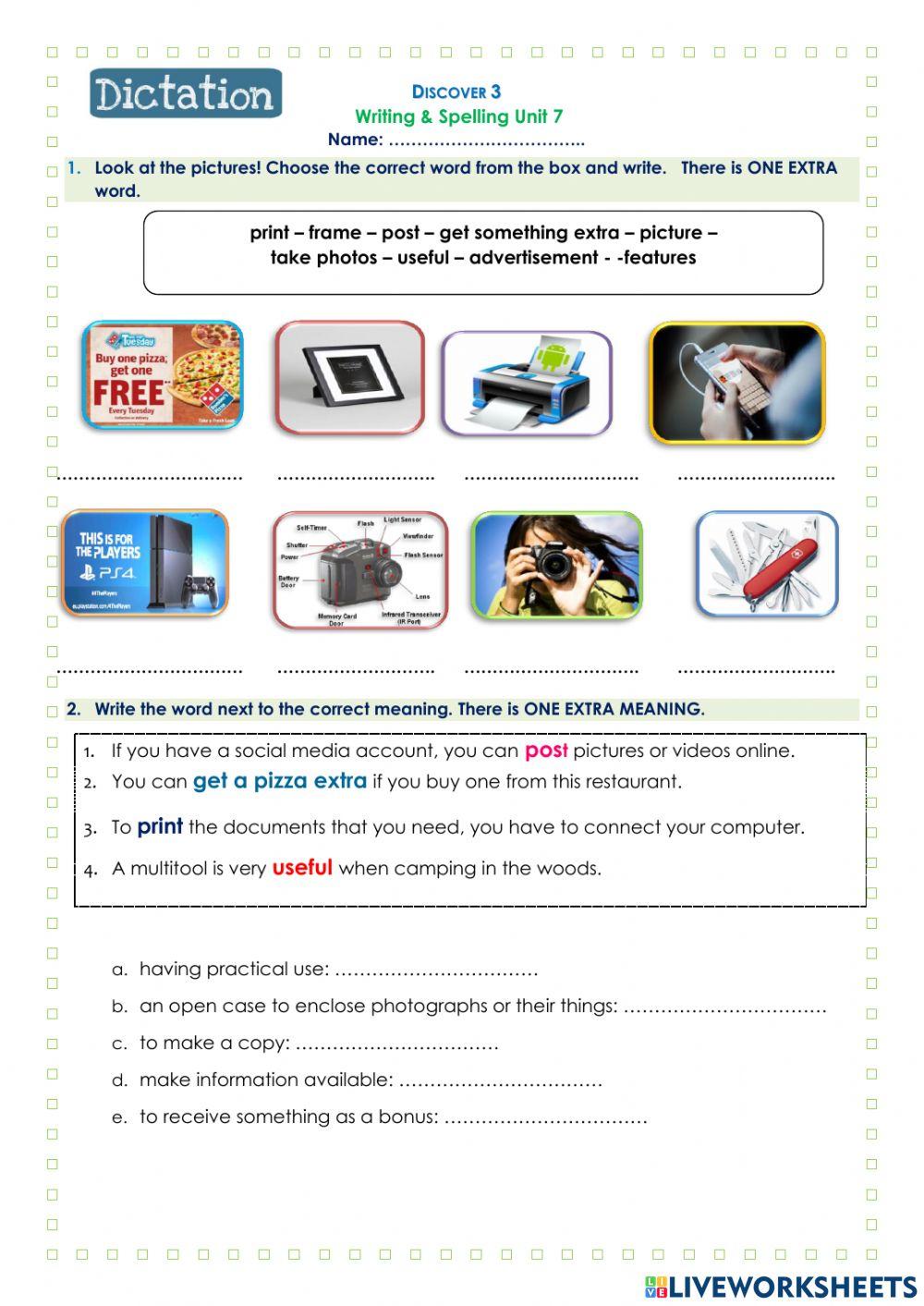 Discover 3 writing and spelling worksheet | Live Worksheets