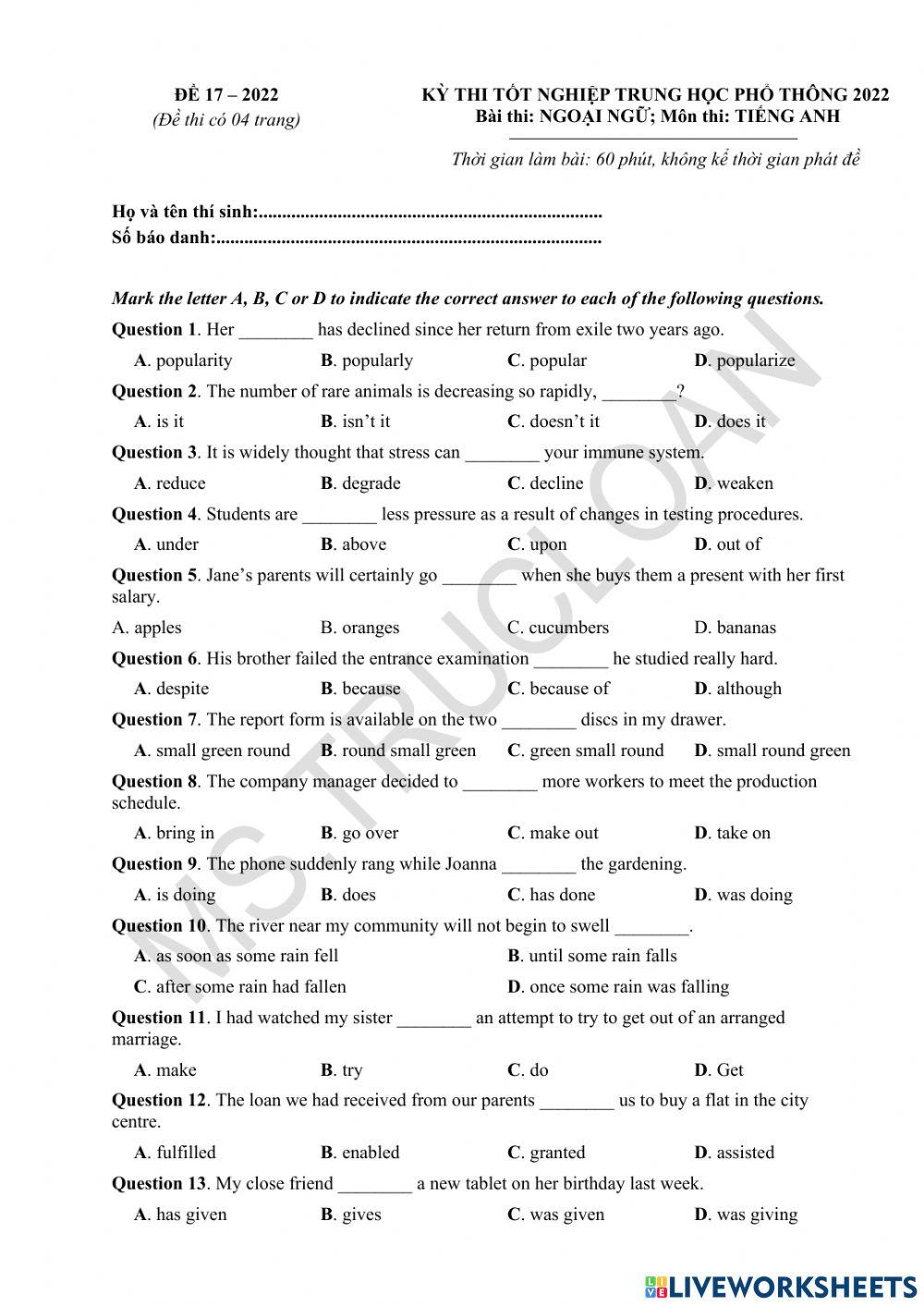 THI THỬ THPT LẦN 2 online exercise for | Live Worksheets