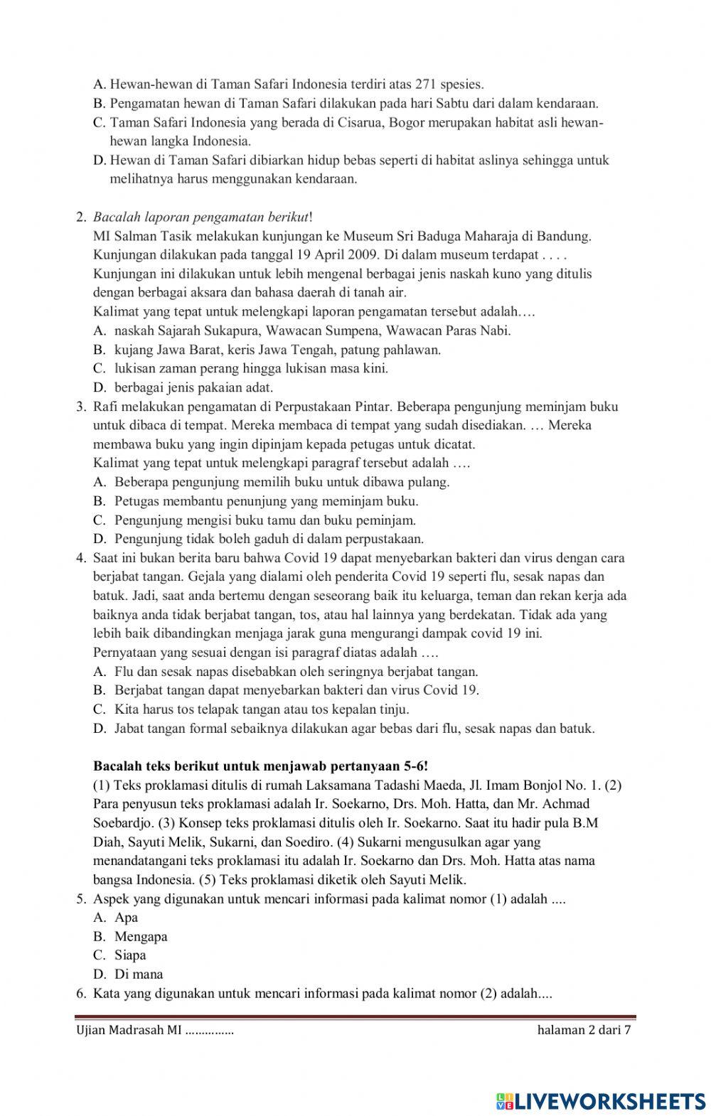 Bahasa Indonesia online exercise for 6 | Live Worksheets