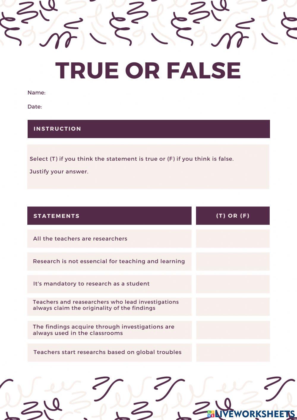 True or false online exercise for University | Live Worksheets