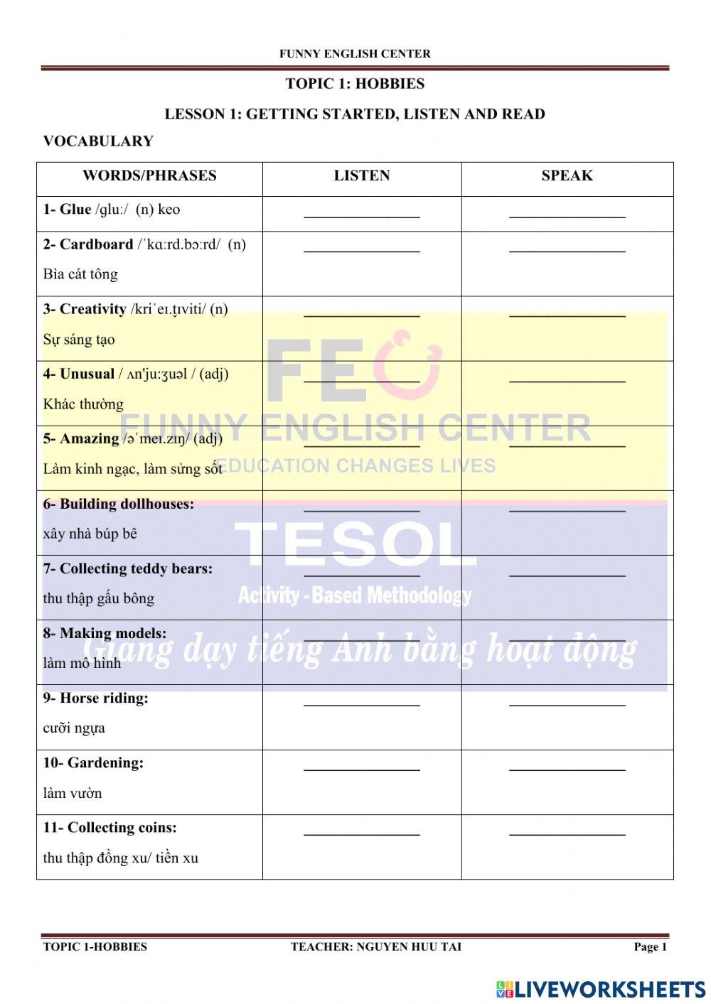 E.7-topic 1-getting started-vocabulary worksheet | Live Worksheets