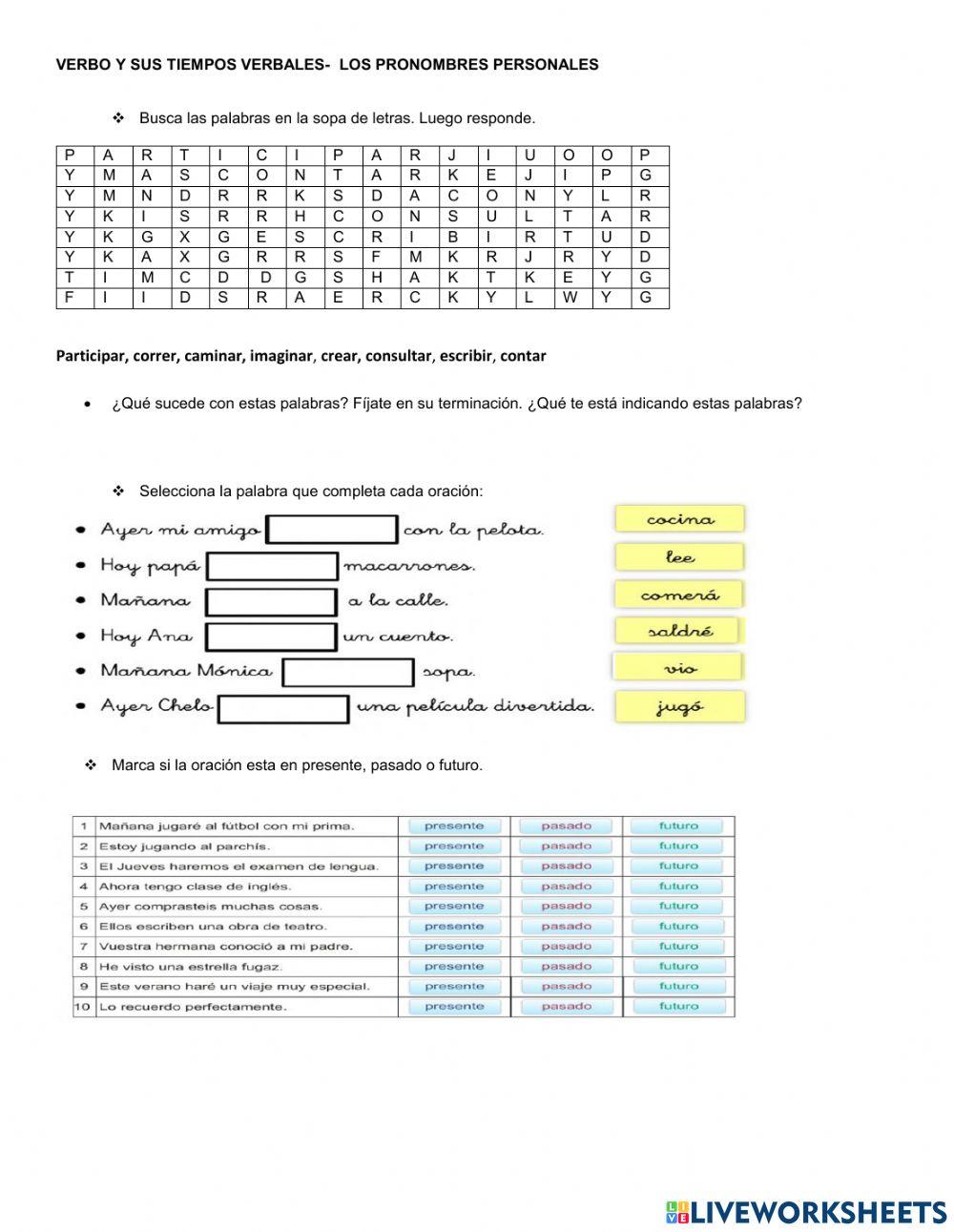 Verbos- tiempos verbales- pronombres personales worksheet | Live Worksheets