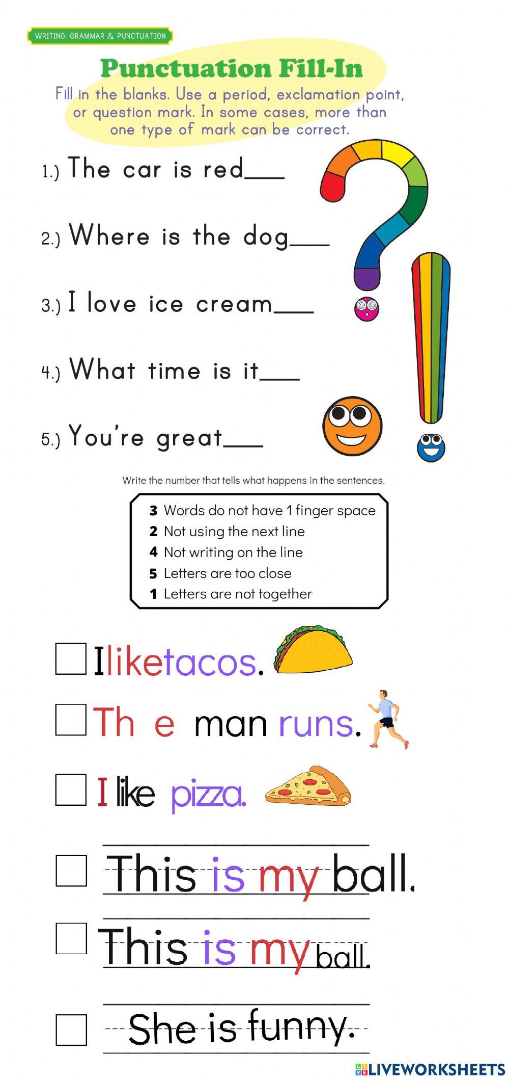 Using space and punctuation worksheet | Live Worksheets