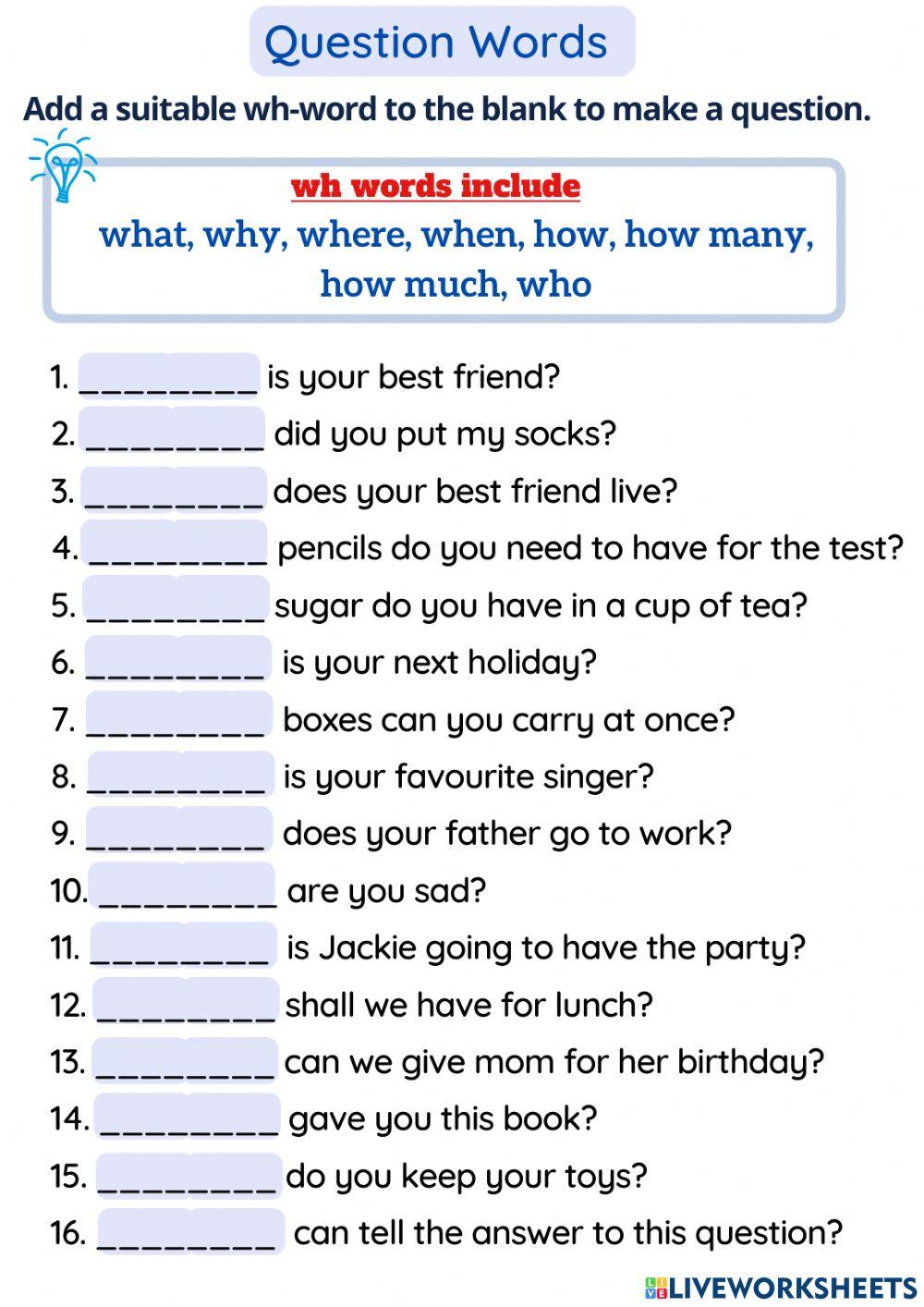 Question words | Free Interactive Worksheets | 2033713