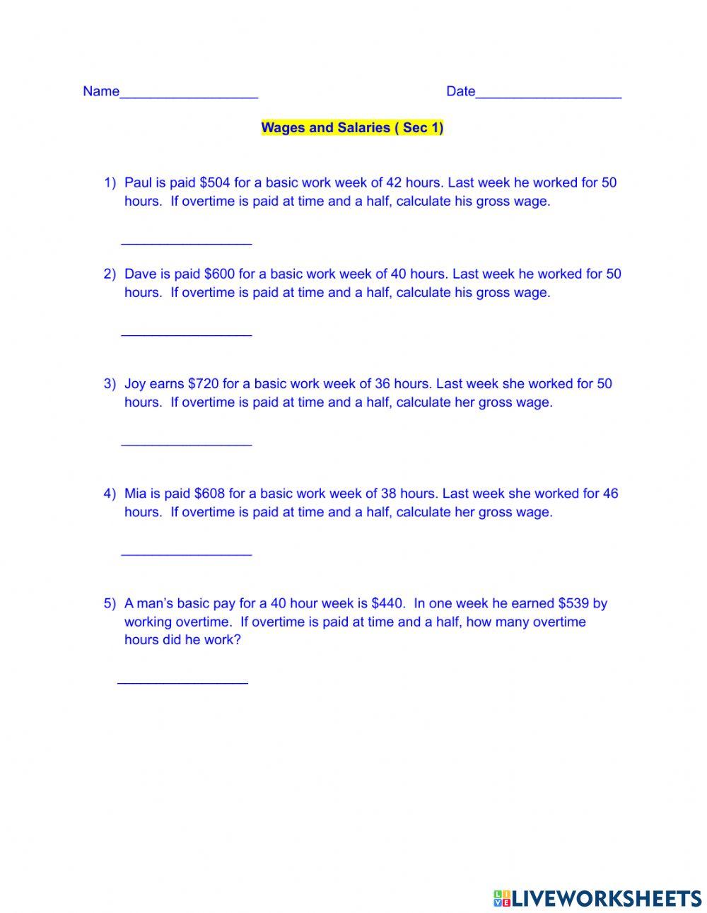 Wages and Salar… | Free Interactive Worksheets | 6873434