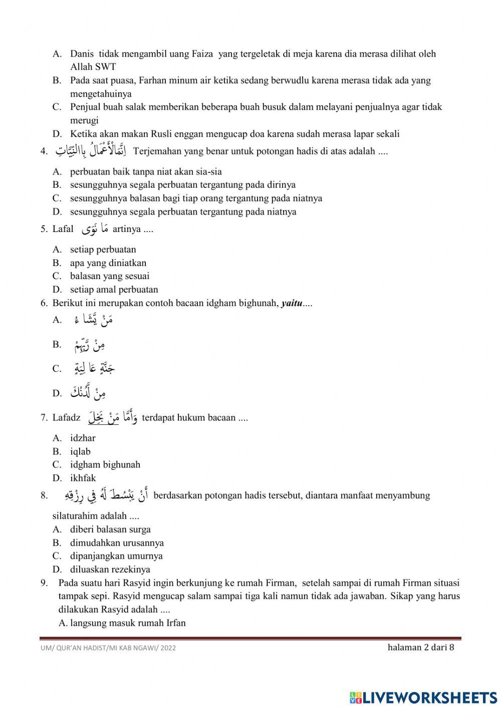 Qur'an hadits exercise | Live Worksheets